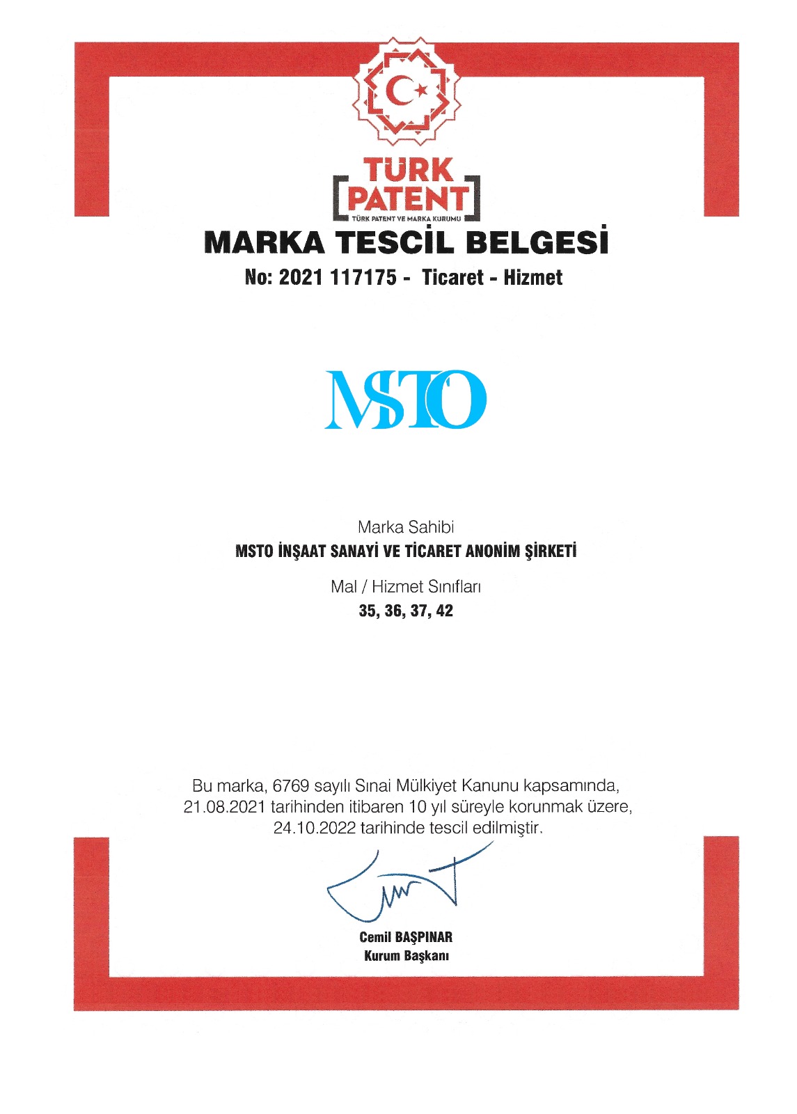 Marka Tescil Belgesi – MSTO İnşaat Sanayi ve Ticaret Anonim Şirketi